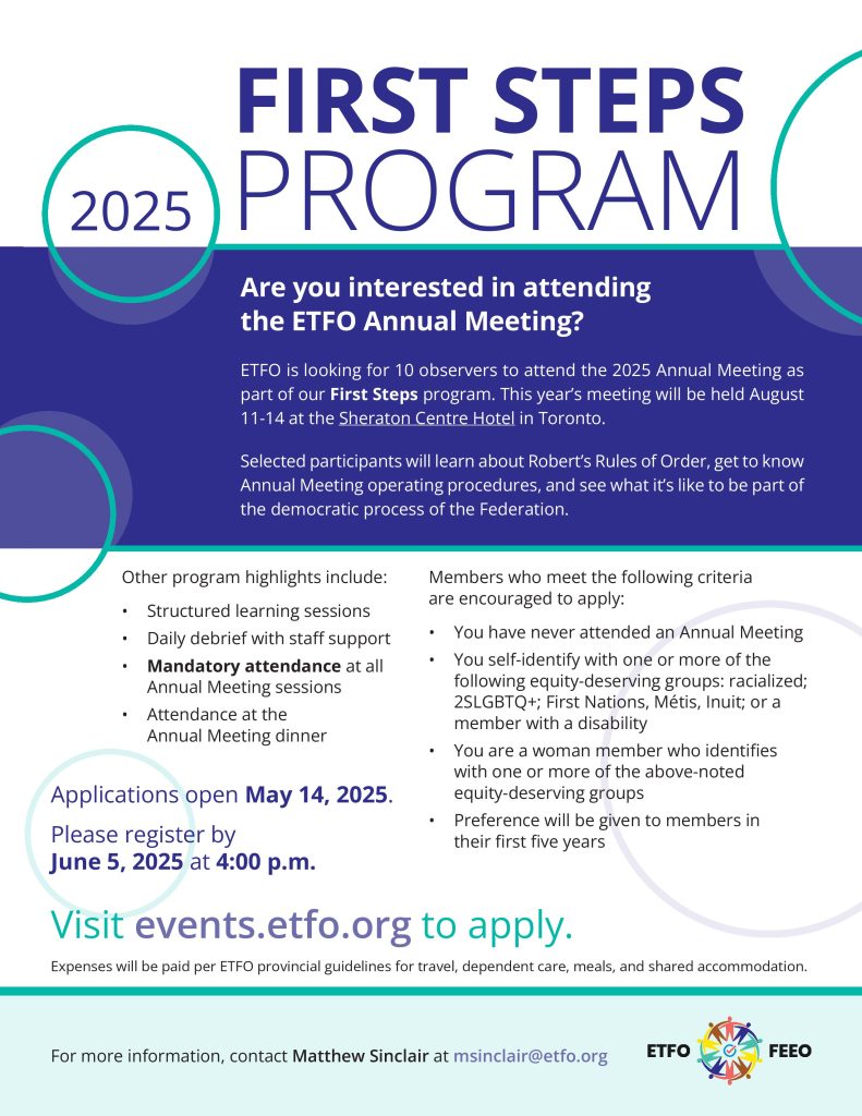First Steps Program 2025 – ETFO Algoma Occasional Teacher Local